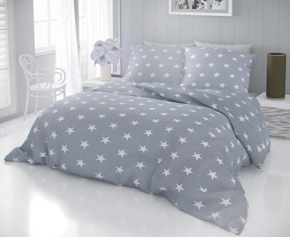 Kvalitní bavlněné povlečení s motivem bílých hvězd na šedém podkladu DELUX STARS šedé  1x 140/200, 1x 90/70