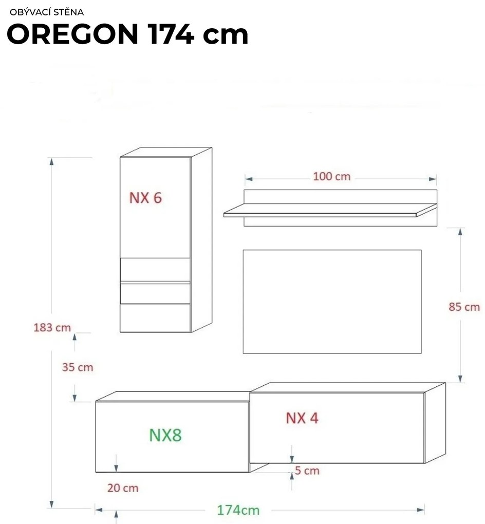 Ral Obývací stěna OREGON 5, 174 cm - Bílý lesk