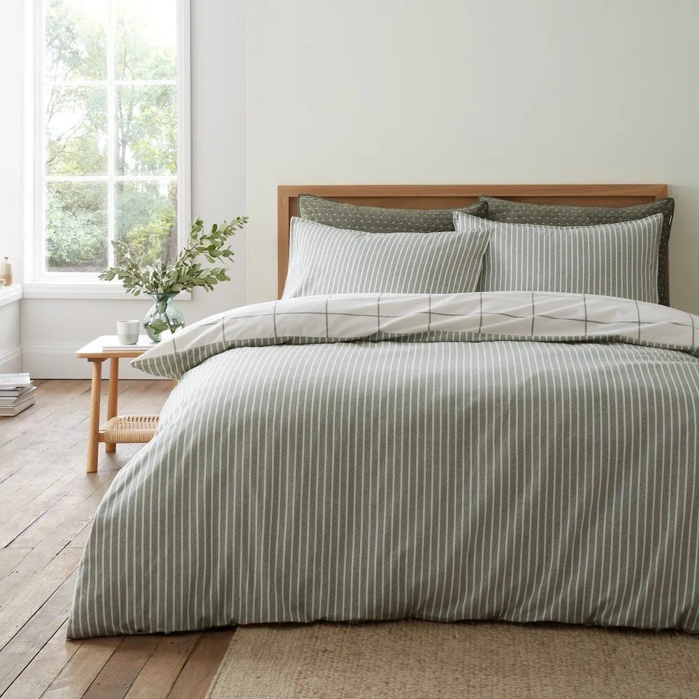 Zelené/krémové flanelové povlečení na jednolůžko 135x200 cm Brushed Regal Check – Bianca