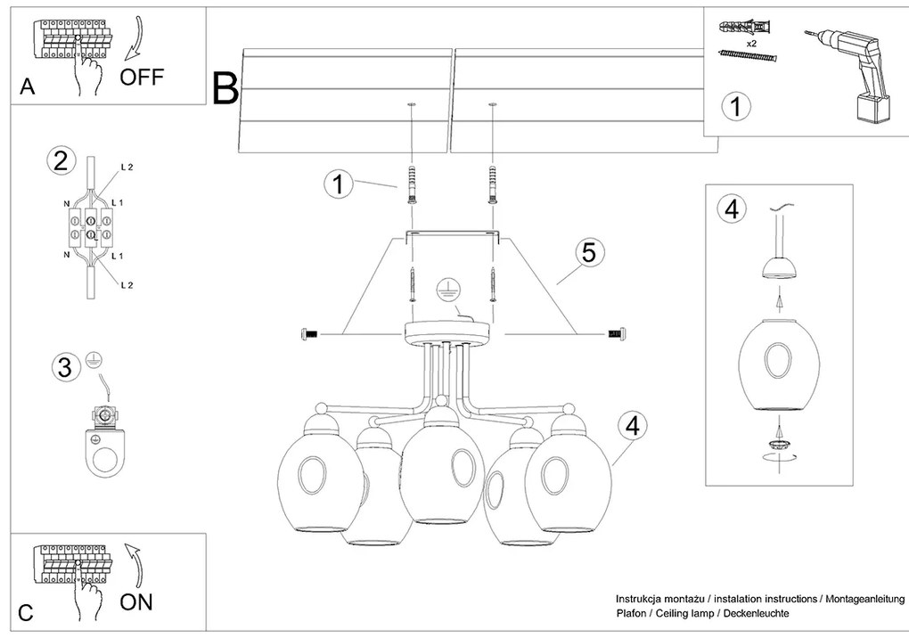 Stropní svítidlo Fillan, 5x grafitové skleněné stínítko