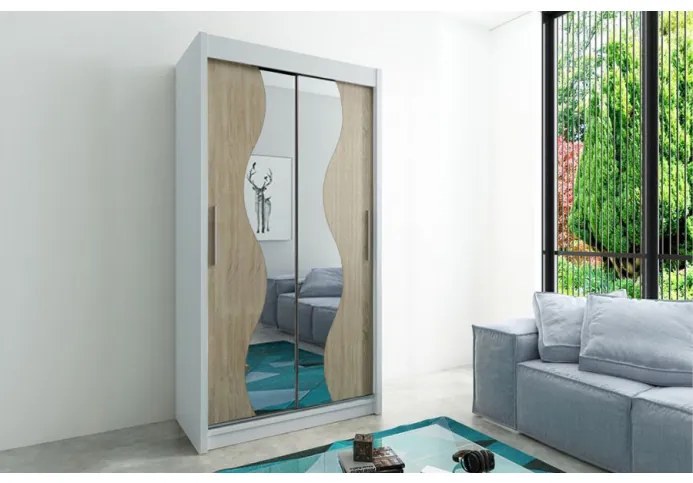 Moderní skříň s posuvnými dveřmi a zrcadly Judita 120 v barvě bílá - dub sonoma