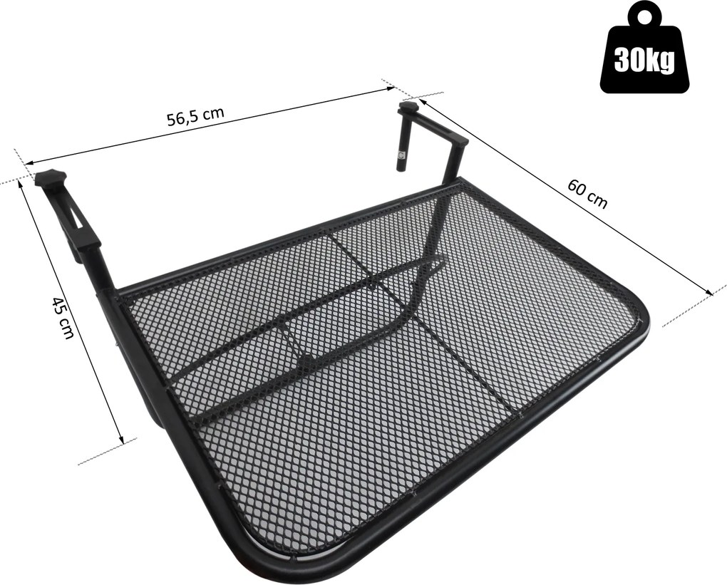 Balkonový závěsný stolek Outsunny výškově nastavitelný čtvercový kovový černý 60x56,5x45cm ideální pro balkon a terasu | Aosom.de