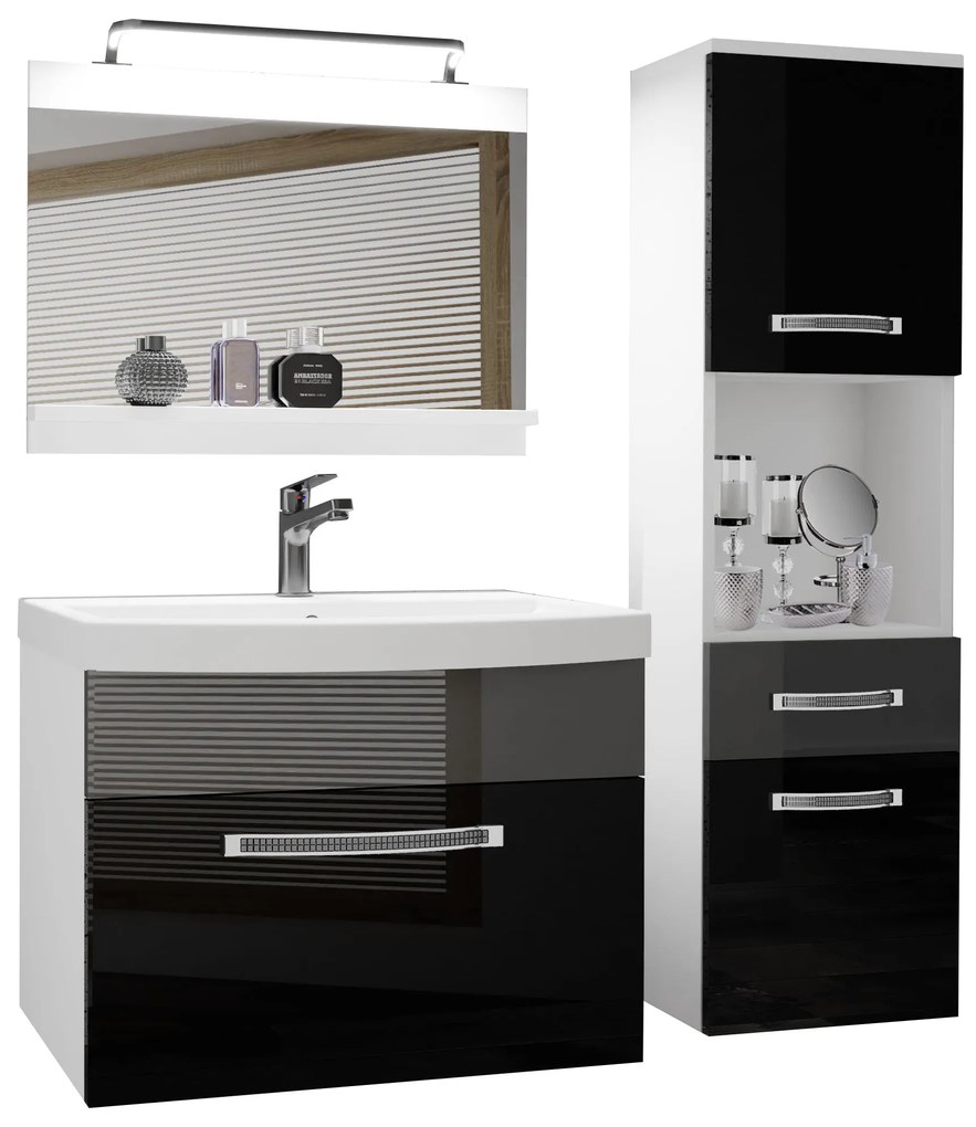 Koupelnový nábytek Belini Premium Full Version černý lesk / šedý lesk
+ umyvadlo + zrcadlo + LED osvětlení Glamour 49