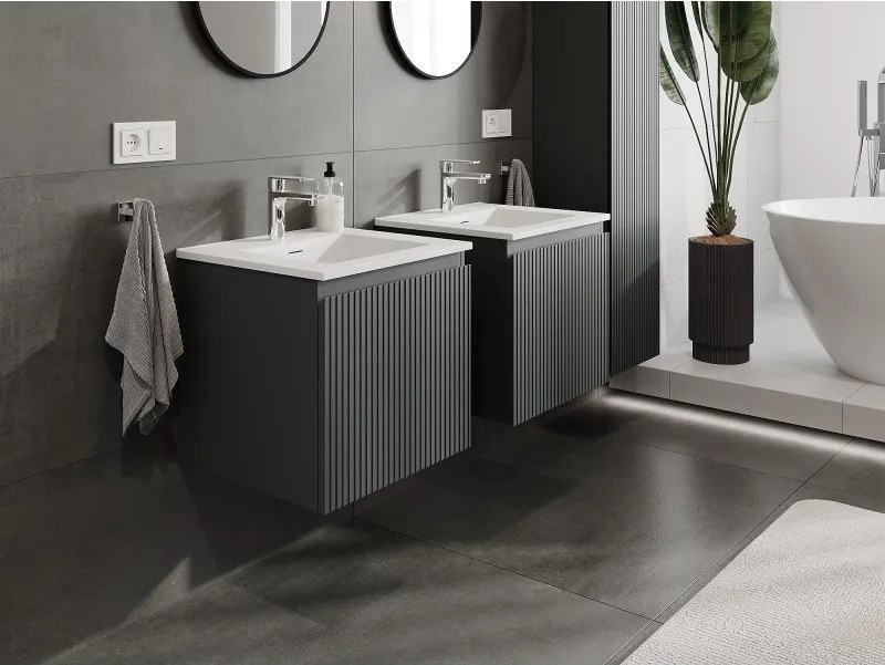 Mexen Rivel, koupelnová skříňka 50 cm s umyvadlem Otis, 1 zásuvka, drážkovaná, grafitová matná/bílá matná, 91A20-05047-1-BF66-W18M01