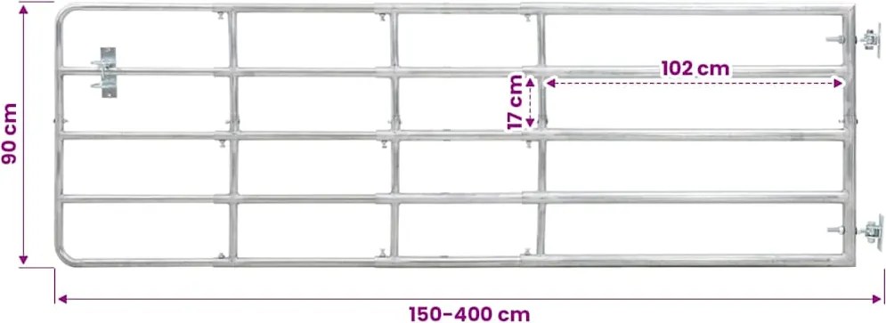 Brána na pastvinu ocelová 5 tyčí (150–400) x 90 cm stříbrná 145987
