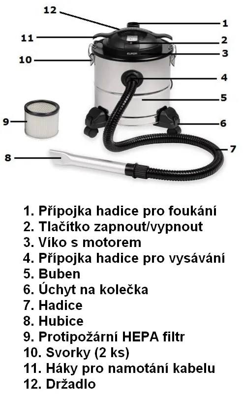 Vysavač na popel Uno, černá / bílá