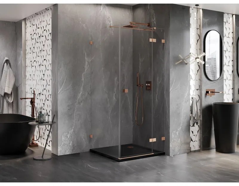 Mexen Lunar T, výklopný sprchový kout pravý 120 x 120 cm, 8mm čiré sklo, profil měděná matná, 834T-120-120-65-00-P