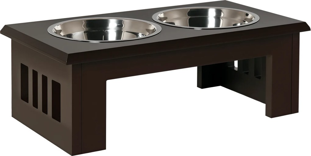 PawHut Vyvýšená miska pro psy s nerezovými miskami, miska na krmivo z MDF v barvě kávy, 58,4 x 30,5 x 25,4 cm, ideální pro domácí zvířata | Aosom.de