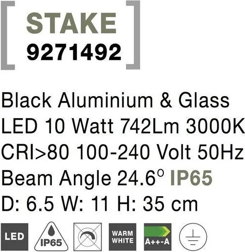 NV 9271492 Venkovní svítidlo s bodcem STAKE černý hliník a sklo LED 10W 3000K 100-240V 24st. IP65 - NOVA LUCE
