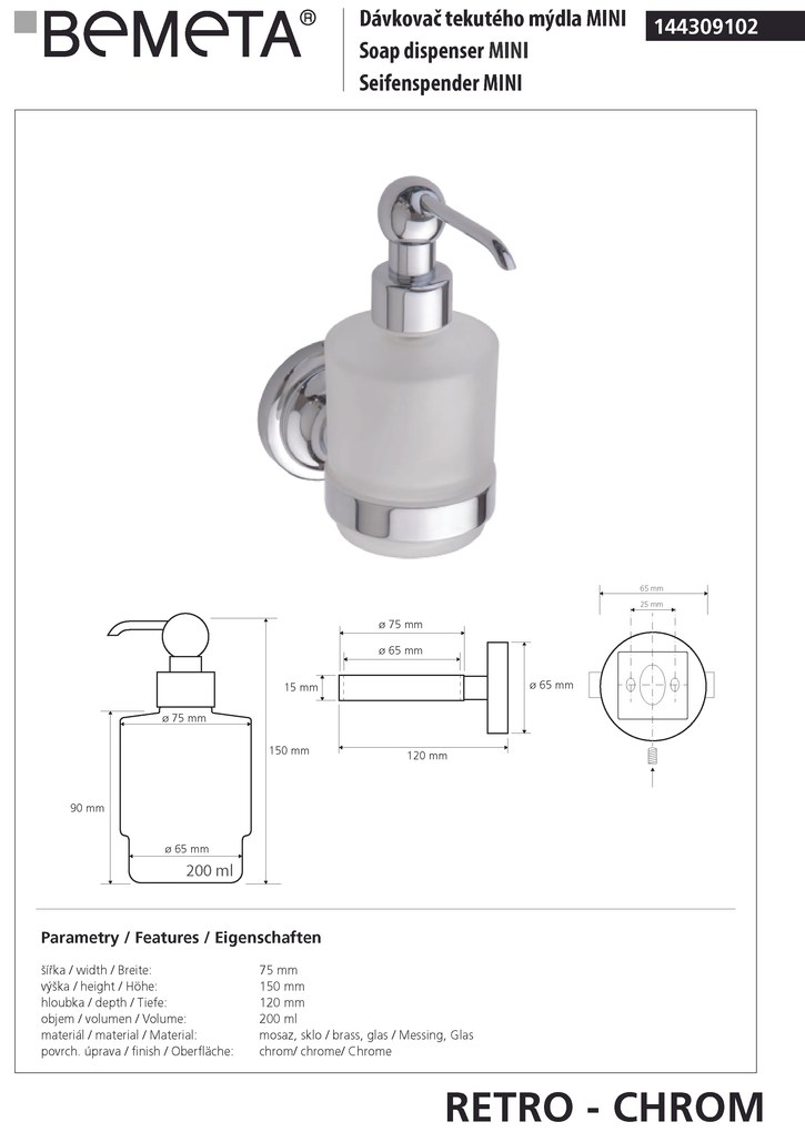 Bemeta Design RETRO chrom: Dávkovač mýdla, 200 ml -