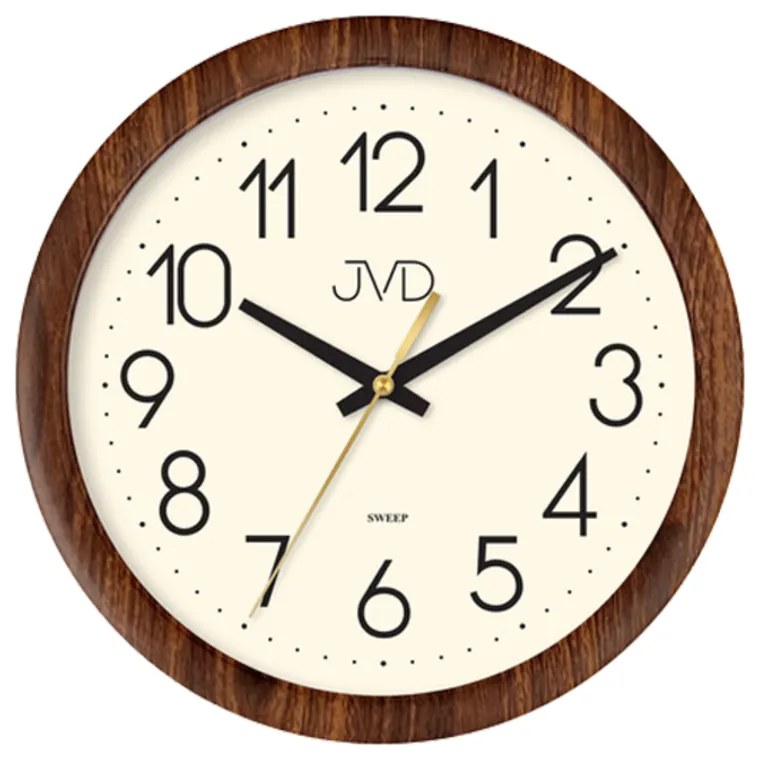 JVD Nástěnné bílé čitelné netikající tiché hodiny JVD H608.3 v imitaci dřeva