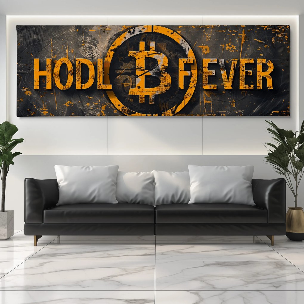 Obraz na plátně - Bitcoin, HODL Fever, grunge FeelHappy.cz Velikost obrazu: 150 x 50 cm