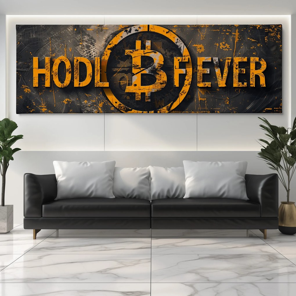 Obraz na plátně - Bitcoin, HODL Fever, grunge FeelHappy.cz Velikost obrazu: 210 x 70 cm
