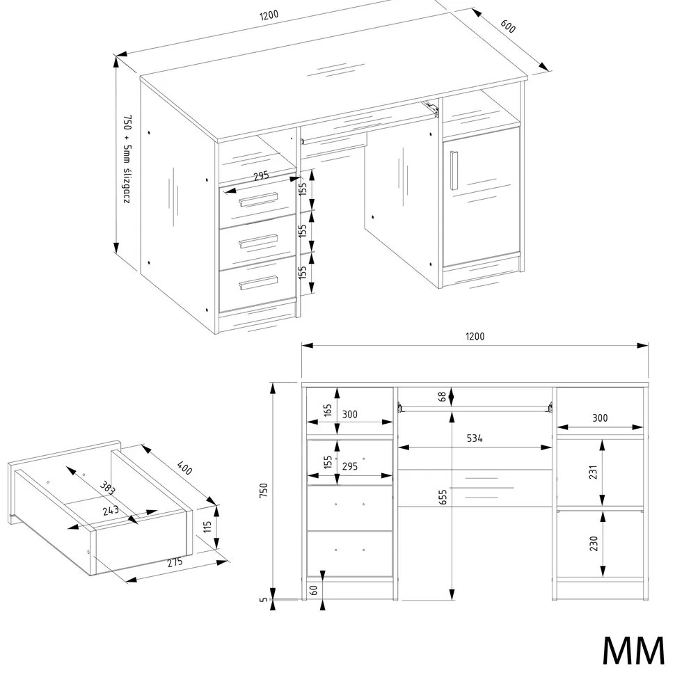 Psací stůl DELTA 1D3S dub artisan