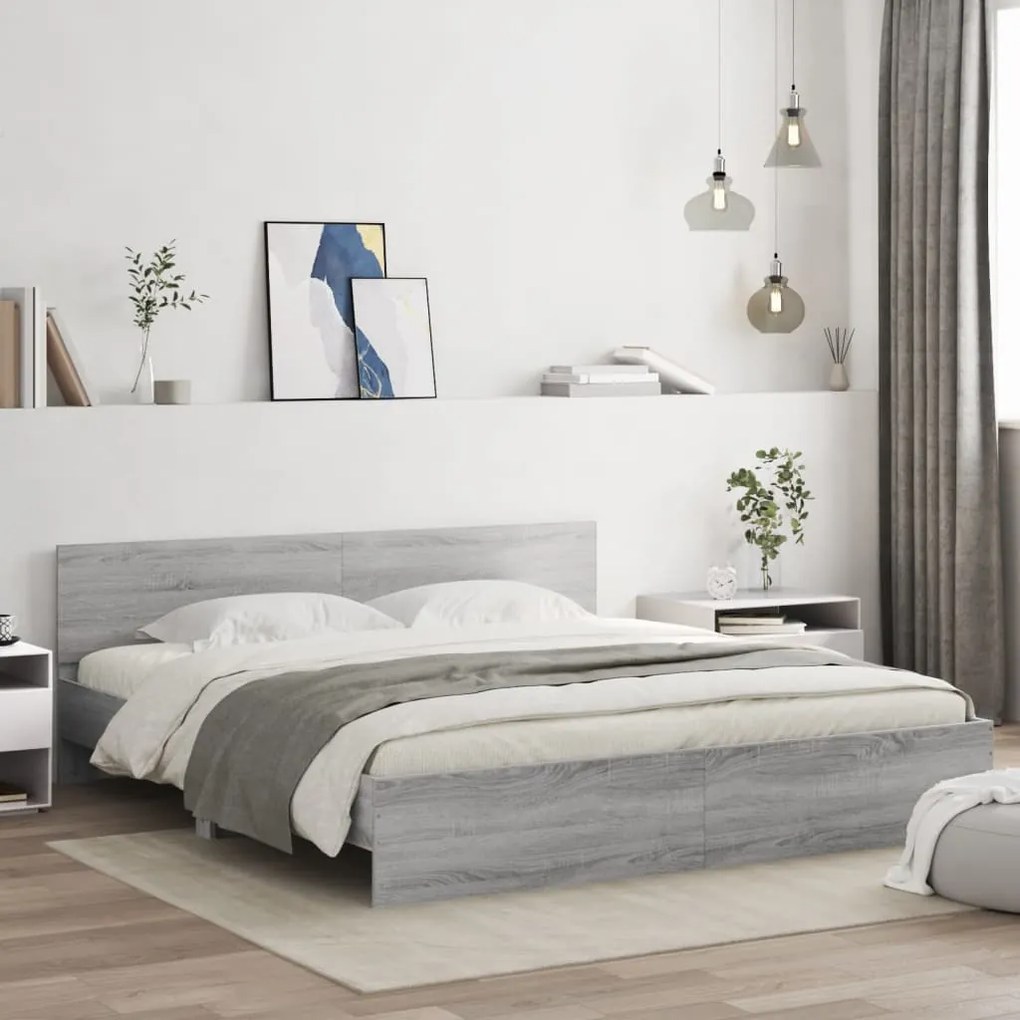 Rám postele s čelem a LED osvětlením šedý sonoma 200 x 200 cm 3207586