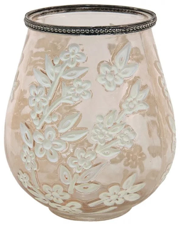 Béžovo-hnědý skleněný svícen na čajovou svíčku s květy Onfroi – 10x9 cm