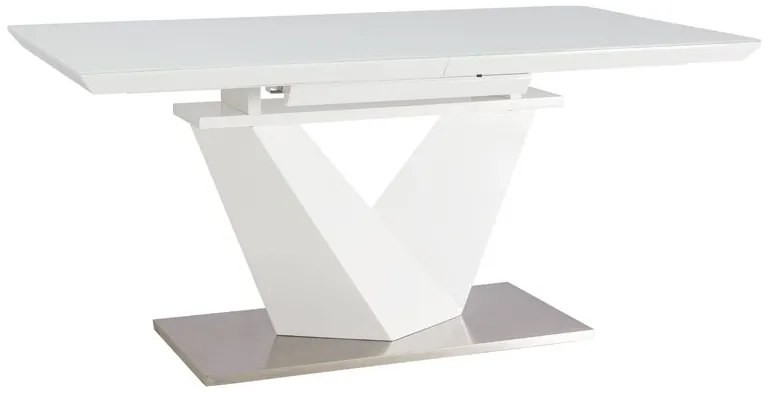 Jídelní rozkládací stůl ALARAS III 160-220x90 cm, bílý lak, bílé sklo, leštěná ocel