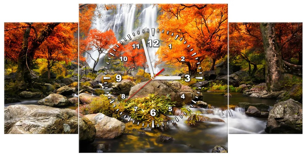 Gario Obraz s hodinami Podzimní vodopád - 3 dílný Rozměry: 90 x 30 cm