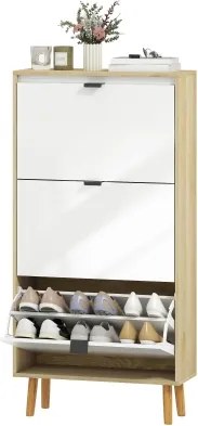 HOMCOM skříňka na boty, úzká skříňka na boty, 3 sklápěcí zásuvky, lesklý přední panel, 60x24x127cm, bílá