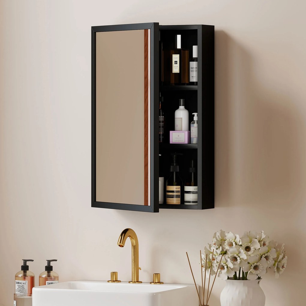 zrcadlová skříňka Kleankin, koupelnová skříňka se 3 policemi, skříňka na léky, nástěnná skříňka do ložnice, černá, 40 x 12 x 60 cm | Aosom