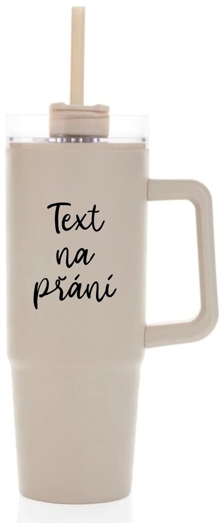 TEXT NA PŘÁNÍ - béžový cestovní termohrnek s průhledným víčkem 900 ml