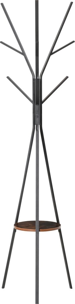 HOMCOM Stojan na kabáty, Stojan na kabáty se 8 háčky, Stojan na kabáty se policí, Vysoká skříň na oblečení, klobouky, tašky, kov, hnědá, 45 x 180 cm