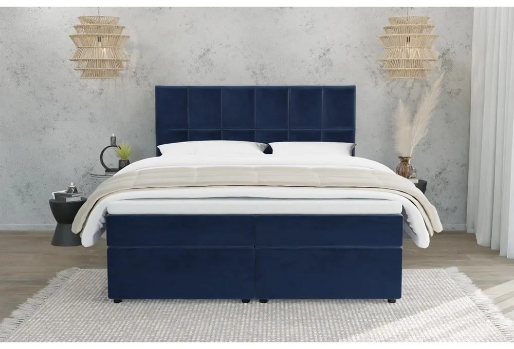 Tmavě modrá boxspring postel s úložným prostorem 200x200 cm Flip – Ropez