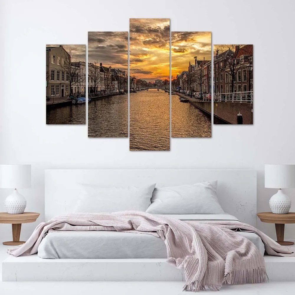 Obraz na plátně pětidílný Říční město Amsterdam - 200x100 cm