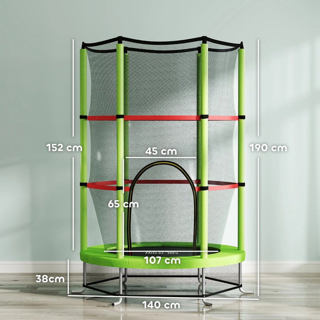 HOMCOM Dětská trampolína Ø140x190 cm pro děti 3-6 let se bezpečnostní sítí, 45 kg nosnost, interiérová zelená