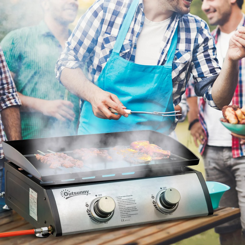 Stolní plynový gril Outsunny BBQ se 2 hořáky, stolní plynový gril s hadicí, nerezová ocel a kov, nepřilnavá grilovací deska, ideální pro kempování