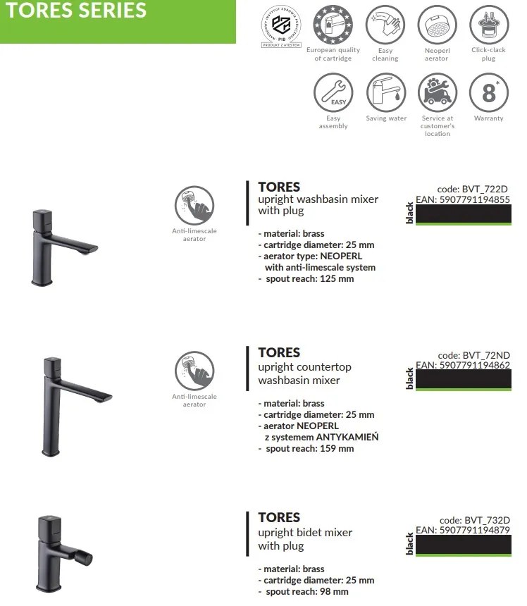 Laveo Tores, 3-otvorová vanová baterie, černá matná, LAV-BVT_713D
