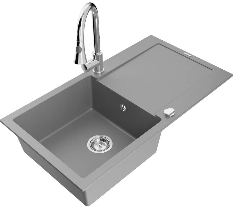 Mexen Leo, 1-komorový granitový dřez 900x500x190 mm a dřezová baterie Elia, šedá, 6501-71-670101-00