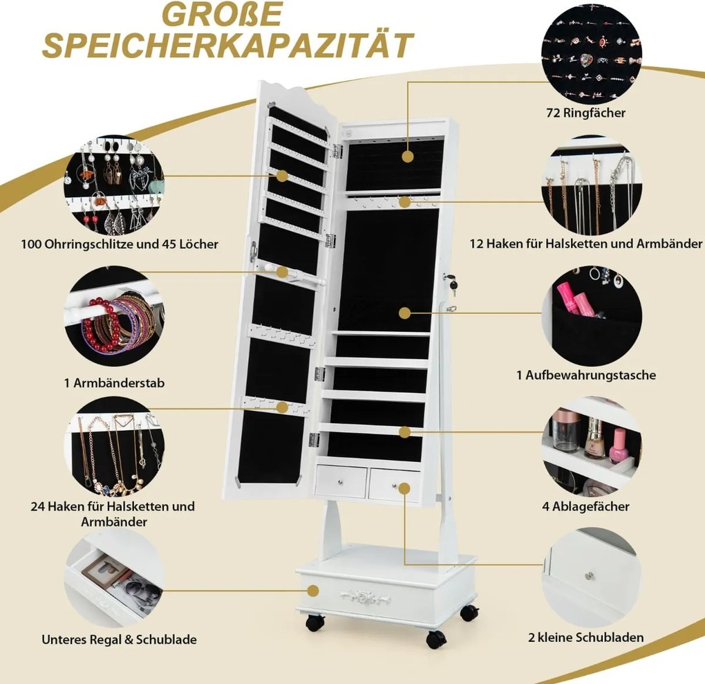 Costway Zrcadlová skříňka na šperky s celoplošným zrcadlem a zásuvkami a LED