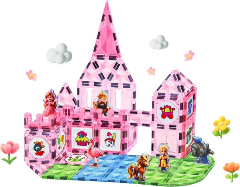 LEAN Toys Magnetické kostky s figurkami, barvy, kartičky k malování, růžové, 80 ks.