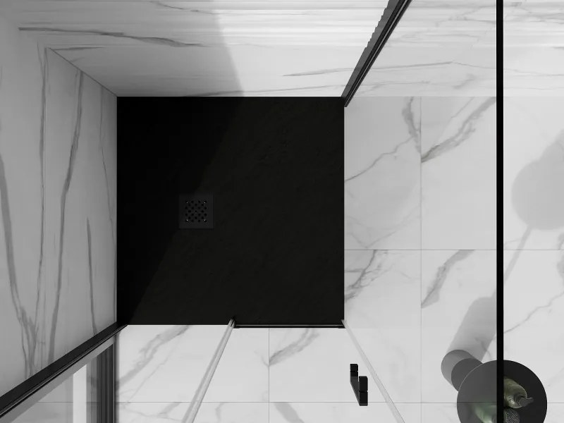 Mexen Stone+, čtvercová vanička z minerálního kompozitu 90 x 90 cm, černá, černá krytka, 44709090-B