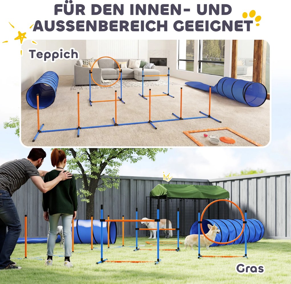 PawHut Agility set pro psy 11dílné agility vybavení pro psy se 2 tunely Výškově nastavitelný skákací kruh a překážky Slalomová tyč