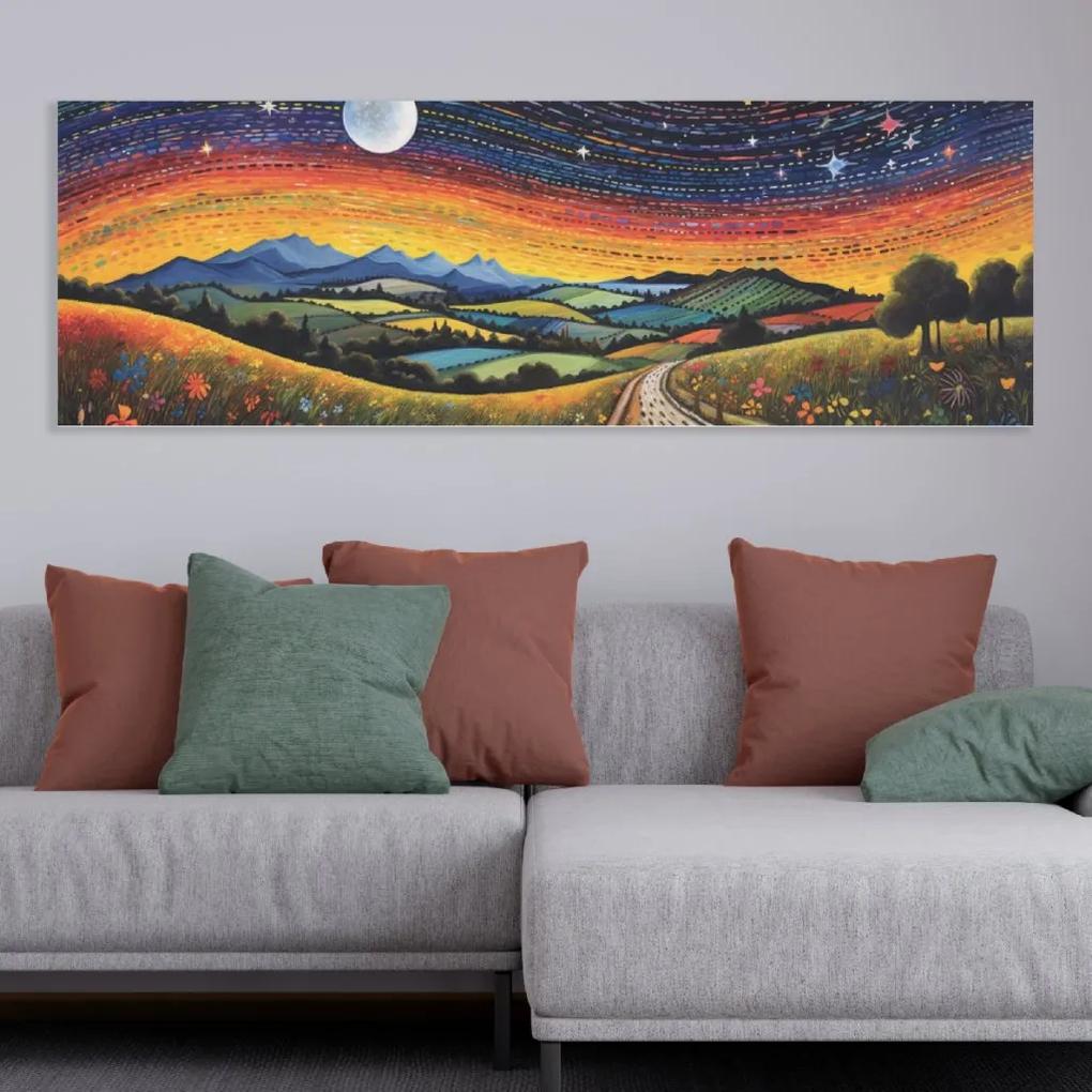 Obraz na plátně - Noční obloha s čárkami a krajina s horami FeelHappy.cz Velikost obrazu: 240 x 80 cm