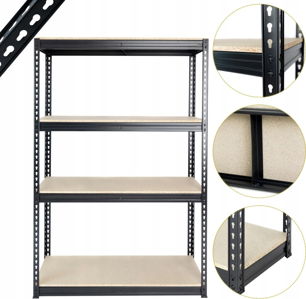 Pevný kovový regál silný 180x120x40 4x600 kg černý 15 mm loftová deska