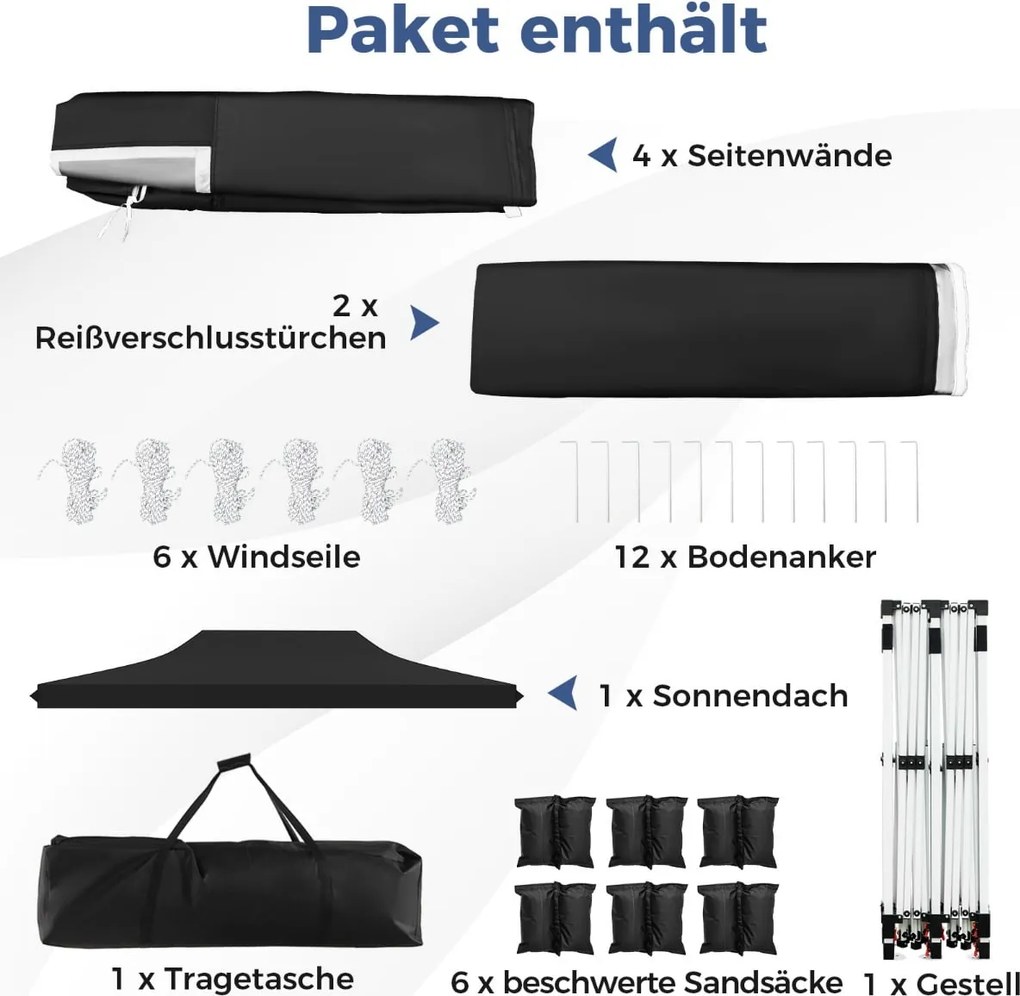 Costway Pavilon skládací pavilon s 6 odnímatelnými bočními stěnami a – černý