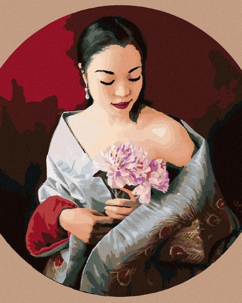 zuty zuty - malování podle čísel - žena v přehozu s pavím vzorem a květina (pieter wagemans), 40x50 cm, p