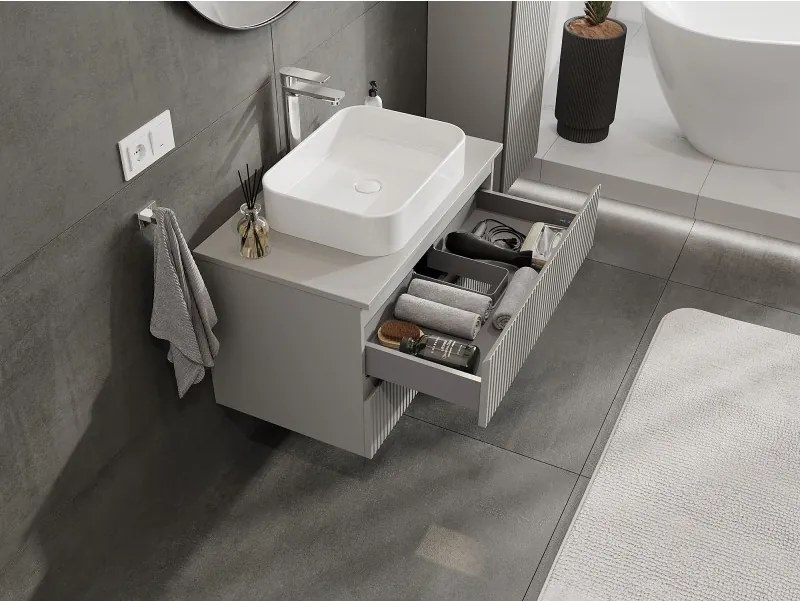 Mexen Rivel, koupelnová skříňka 80 cm s pracovní deskou, 2 zásuvky, drážkovaná, matná šedá, 91A20-08047-2-BFFC62