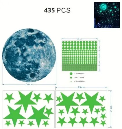 Samolepky na zeď - svítící měsíc s hvězdami Varianta: set D - velký zelený měsíc + hvězdy, 435ks