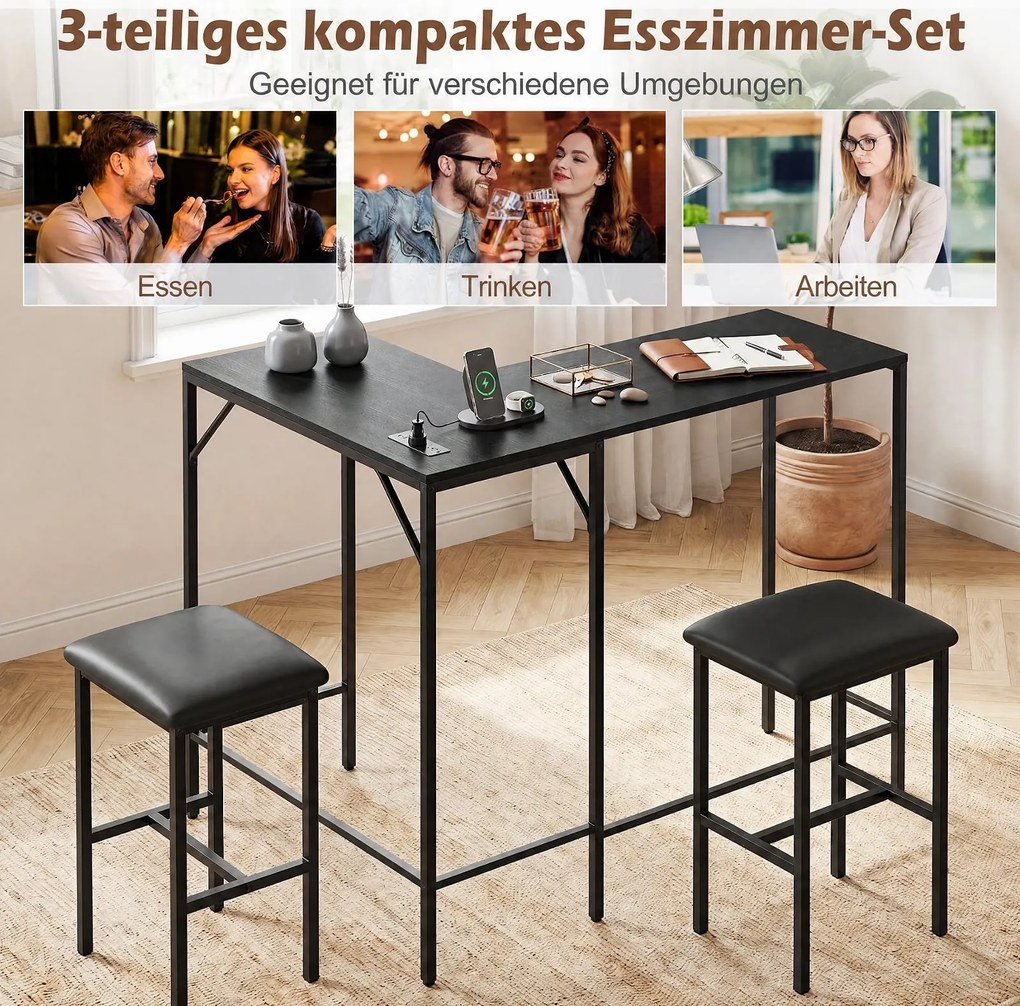 Costway Barový stolní set s 2 barovými židlemi, barový stůl s integrovanou