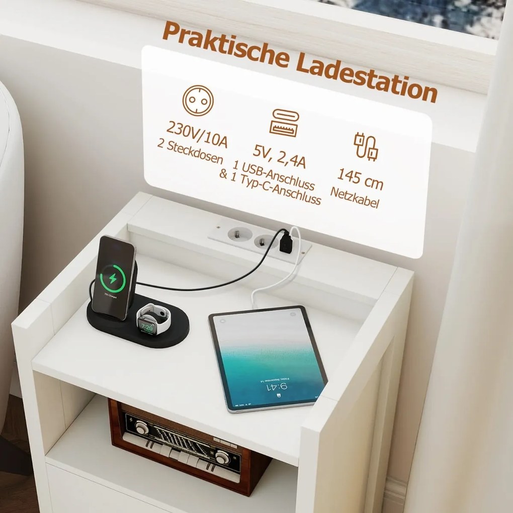Costway Noční stolek s LED světly a nabíjecí stanicí s 2 zásuvkami a otevřeným