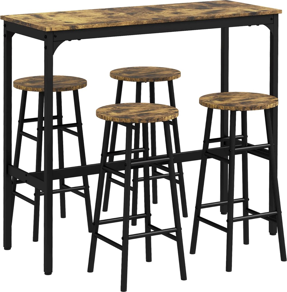 HOMCOM Obdélníkový stůl se 4 židlemi a 4 podnožkami z MDF a oceli, podnožky Ø30x60 cm a obdélníkový stůl 105x40x90 cm, černý a rustikální hnědý | Aoso