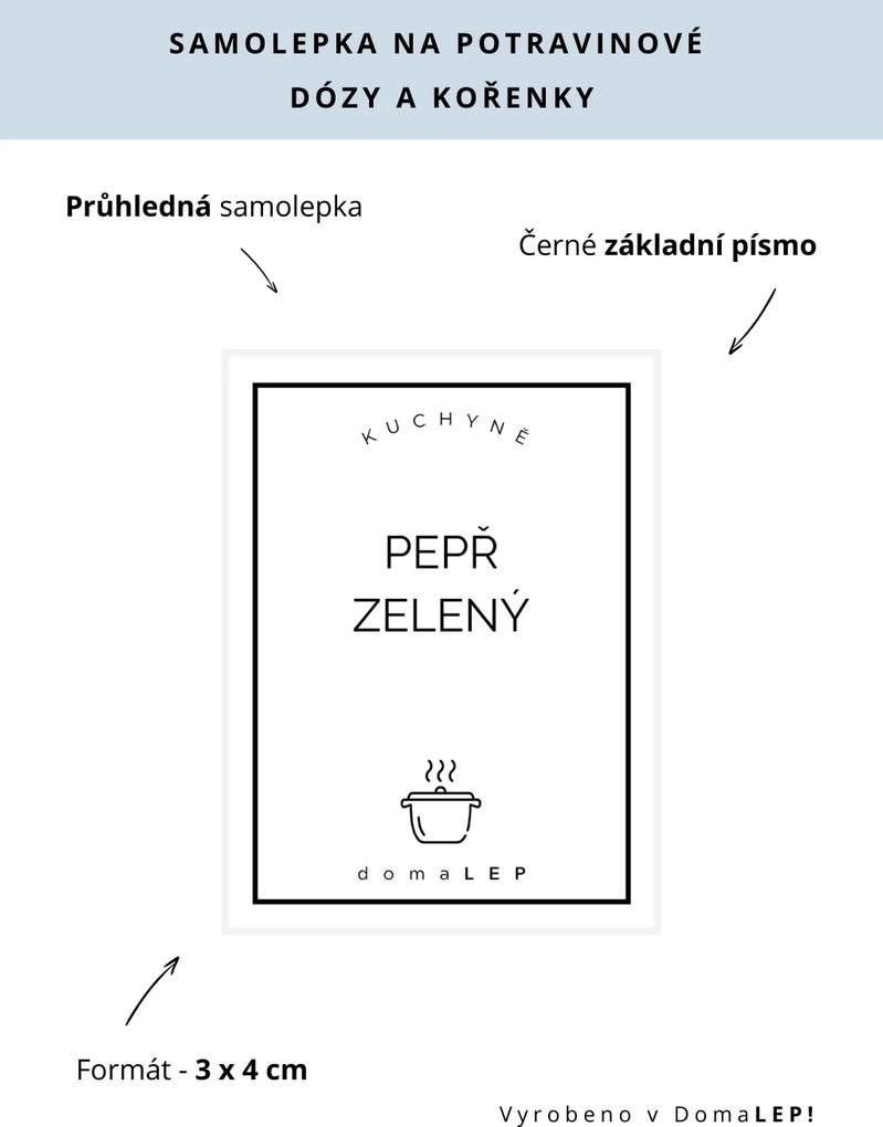 Samolepka na kořenky PEPŘ ZELENÝ průhledná 3 × 4 cm základní písmo