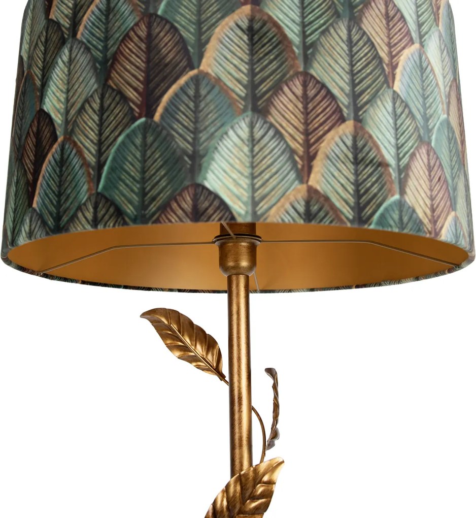 Zlatá stojací lampa se stínidlem s motivem listů a zlatým interiérem 50 cm - Linden