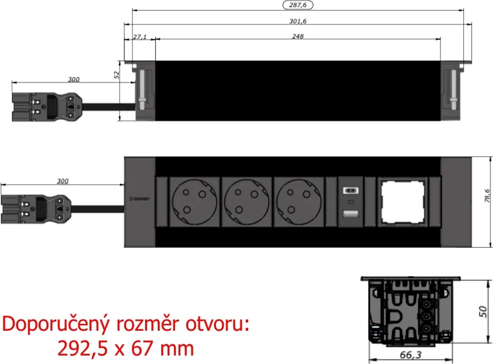 IBConnect Vestavná zásuvka INTRO černá - různé konfigurace Konfigurace elektrozásuvky: 3x230V + 2xUSB nab. A+C + Modul