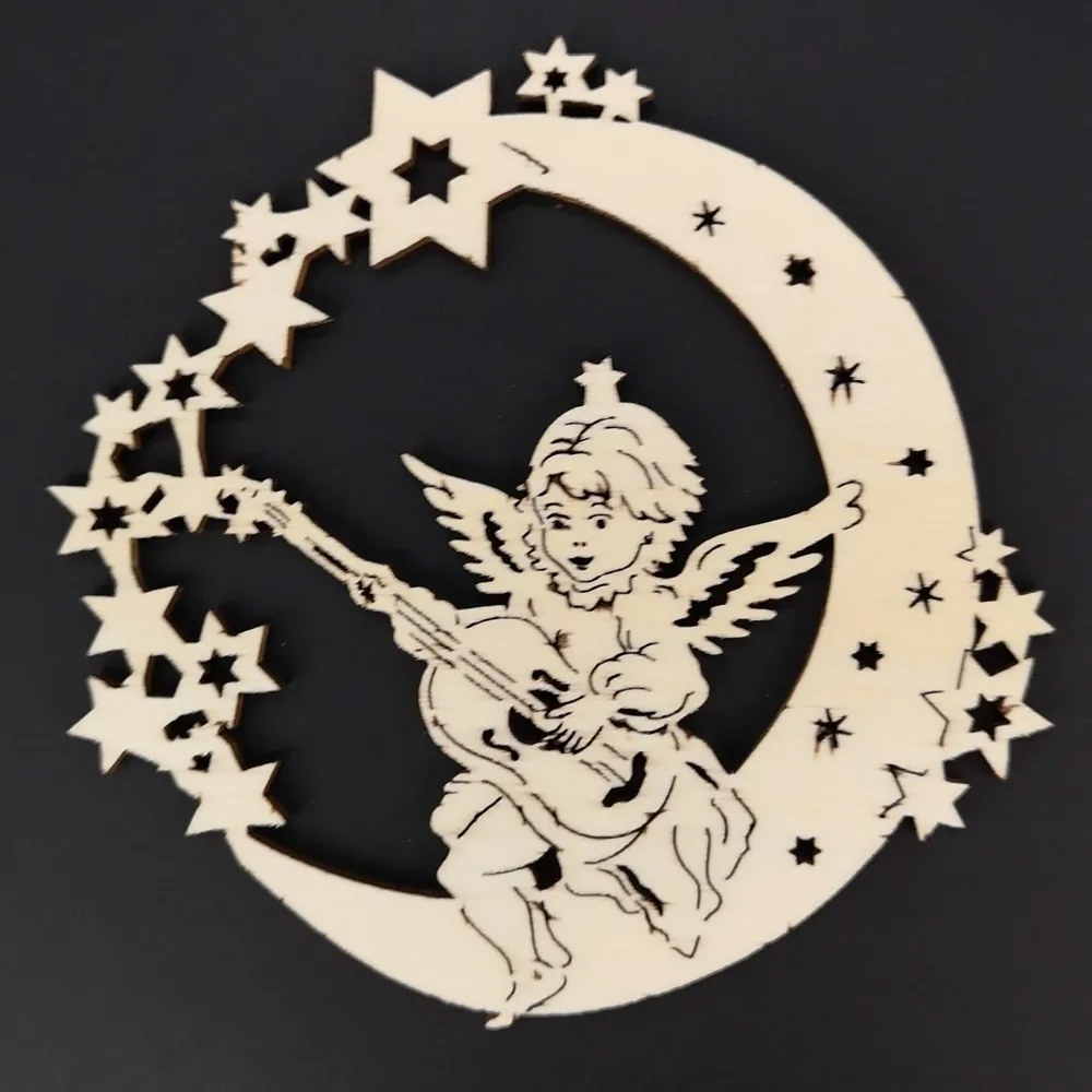 AMADEA Dřevěná ozdoba anděl na měsíci s kytarou 17 cm