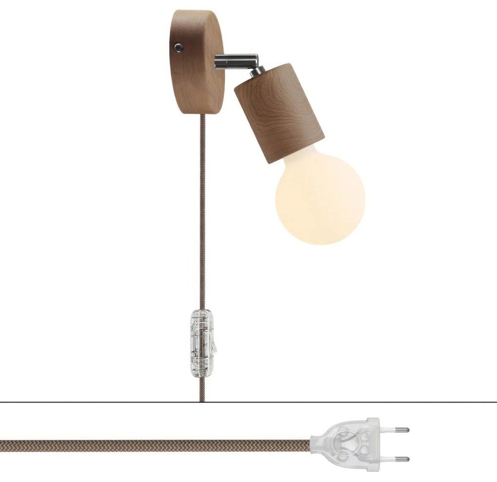 creative cables Spostaluce, nástěnná dřevěná lampa s nastavitelným kovovým kloubem, vypínačem a zástrčkou Barva: Neutrální-matný chrom